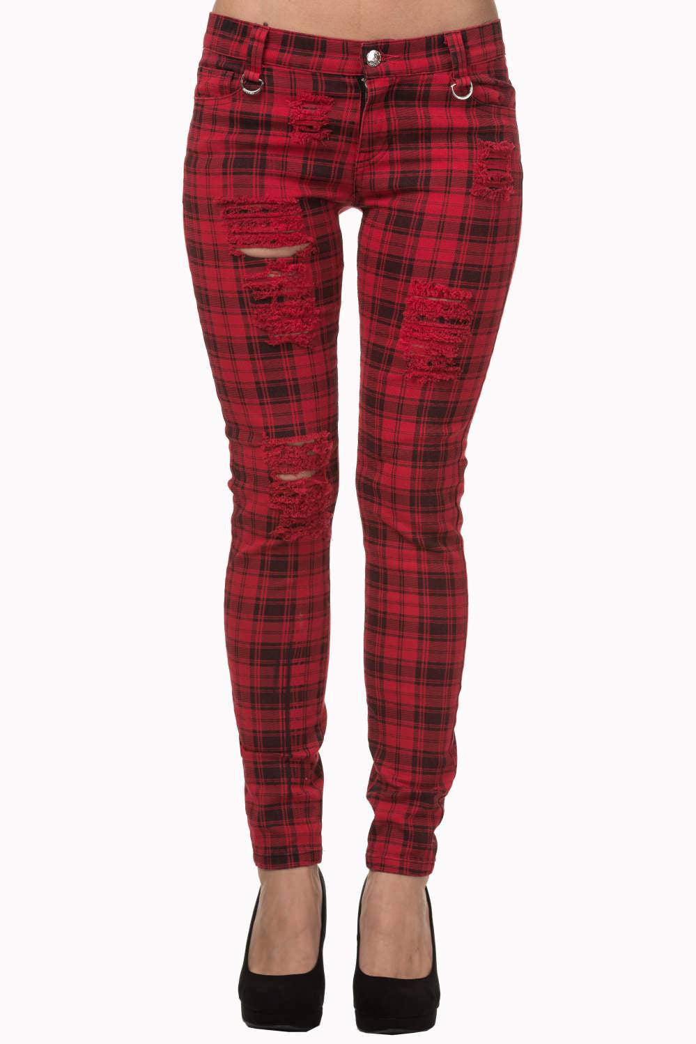 Skinny Ripped Check Jeans Purple Red White by Banned Alternative ...