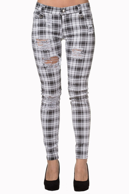 Skinny Ripped Check Jeans Purple Red White by Banned Alternative ...