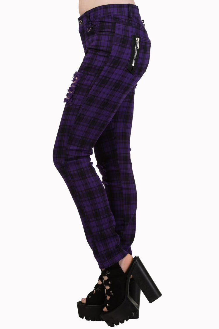 Skinny Ripped Check Jeans Purple Red White by Banned Alternative ...
